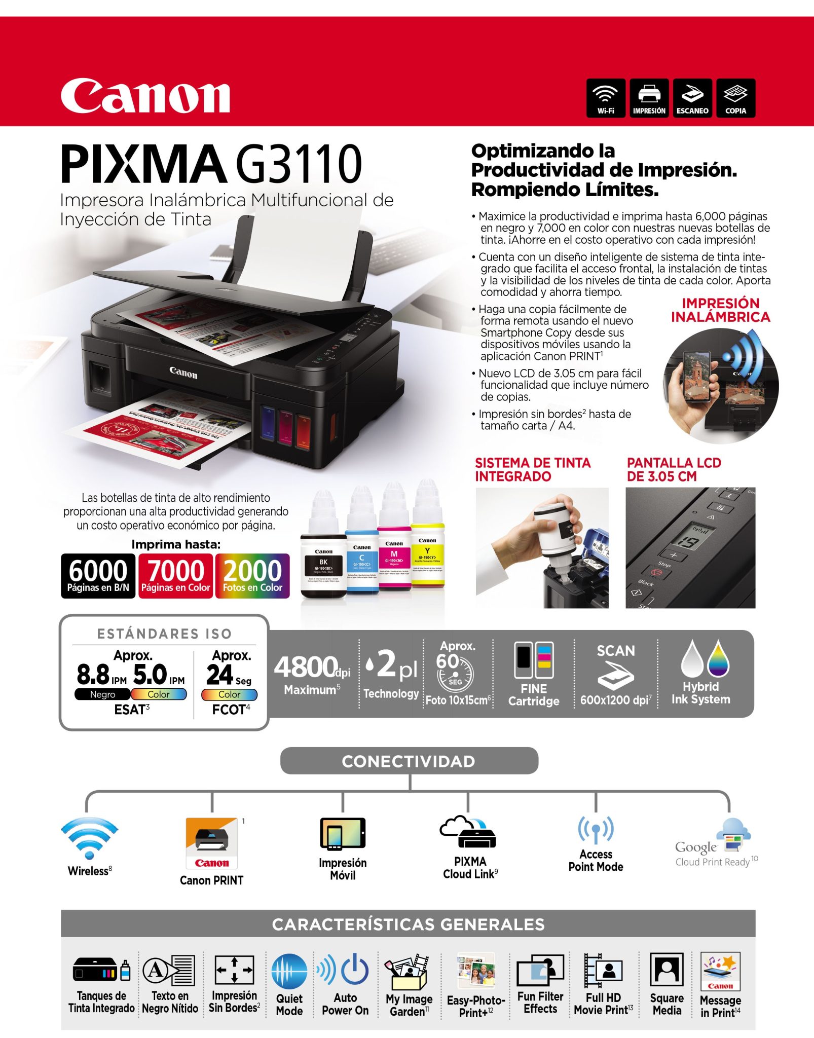 Impresora Canon Pixma G3110 / Multifuncional / Color / WiFi